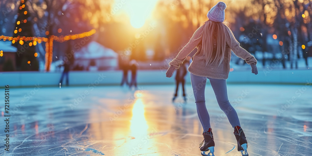 in the ice skating ring a girl enjoy ice saking, a gilrs open her hand ...