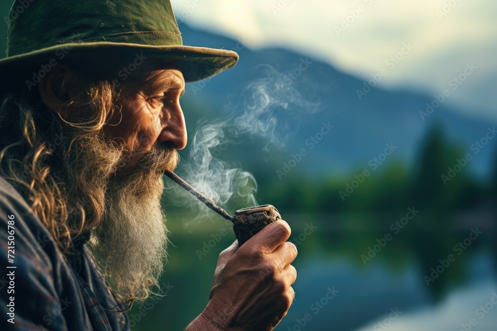 A man with a long beard is seen smoking a pipe. This image can be used ...