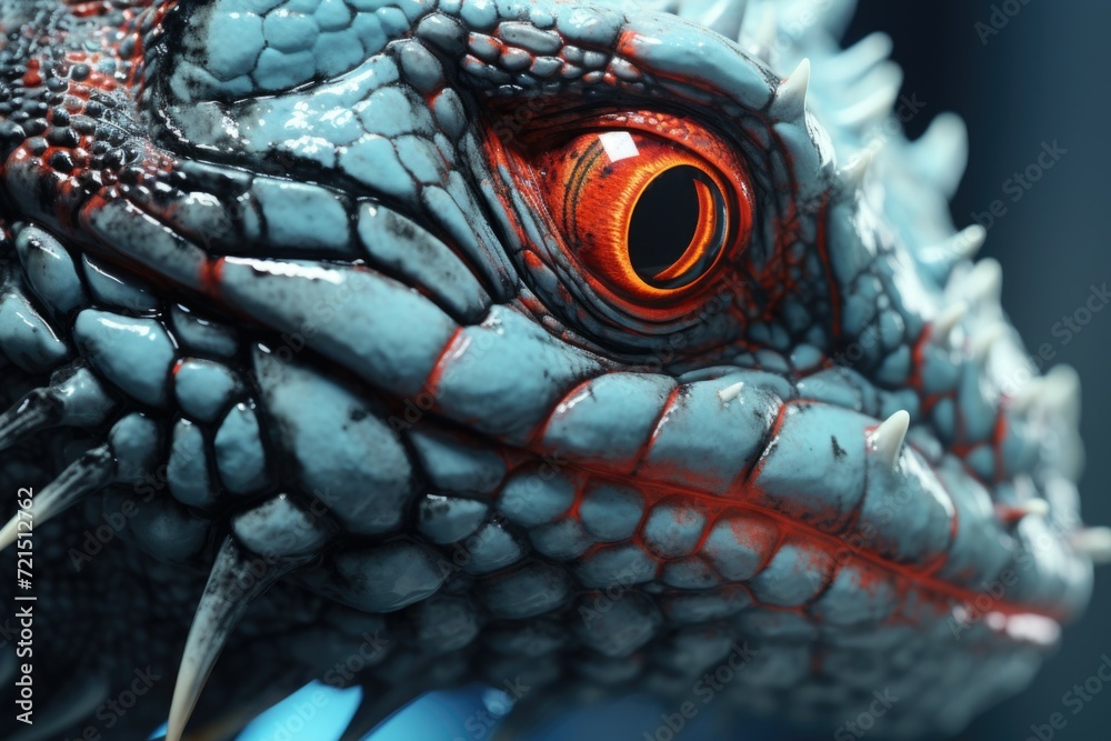 A close-up view of a lizard's head with striking red eyes. This image ...