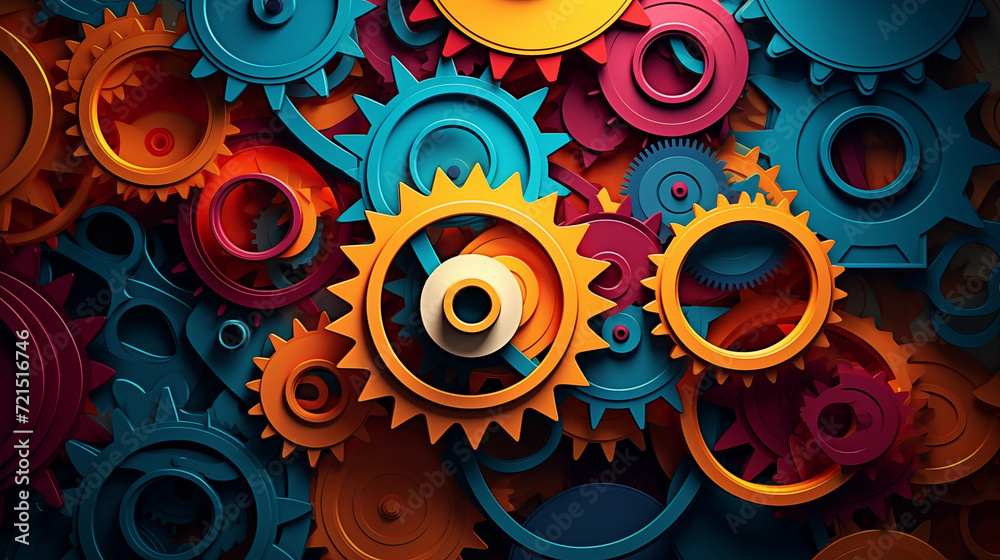 Abstract 3D gears and cogs turning in a palette of vibrant colors Stock ...