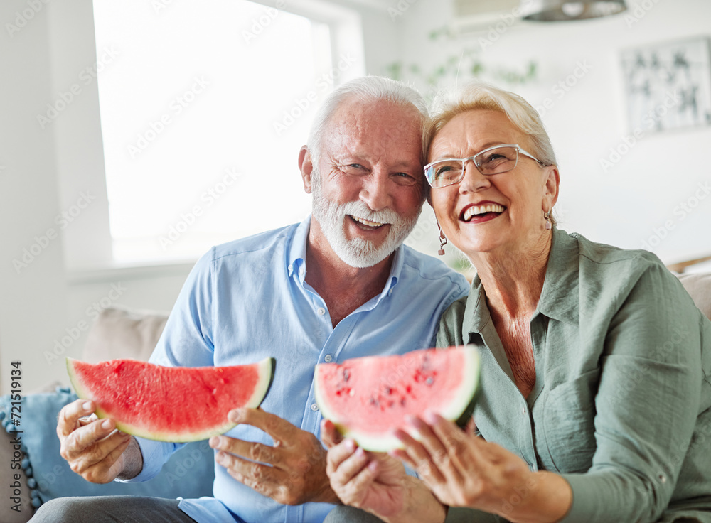 senior woman man couple love elderly watermelon fruit eating food fun ...