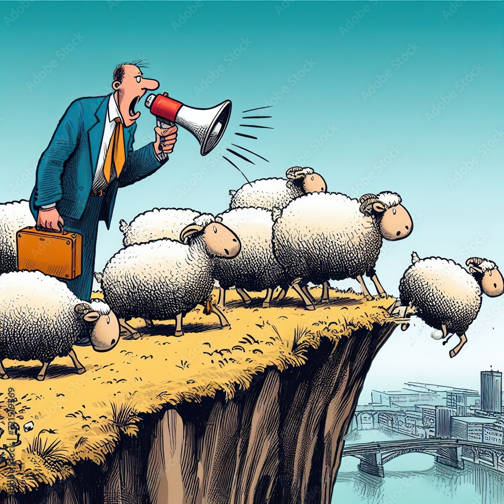 Sheep jumping off a cliff and a man standing next to them. Stock ...