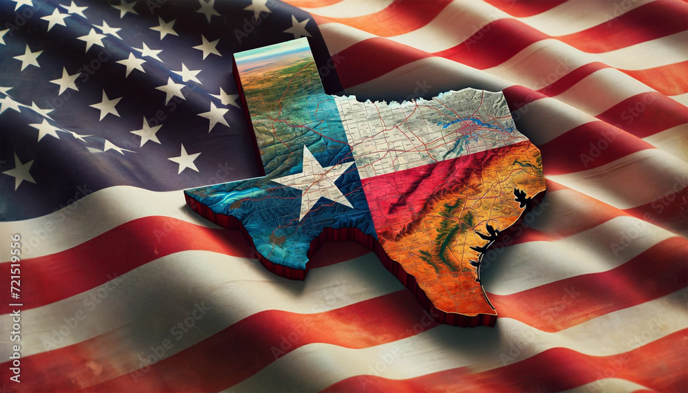 A vibrant image of the American flag with a map of Texas seamlessly ...