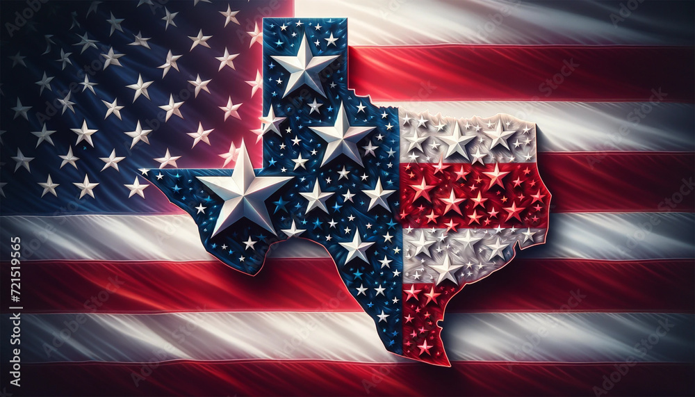 A vibrant image of the American flag with a map of Texas seamlessly ...