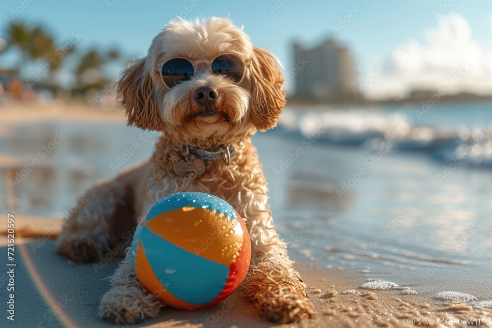 A playful puppy of a sandy-colored breed frolics on the beach, sporting ...