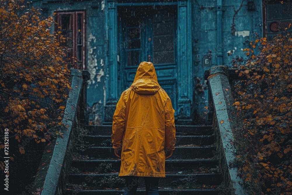 A solitary figure in a bright yellow raincoat braves the cold autumn ...