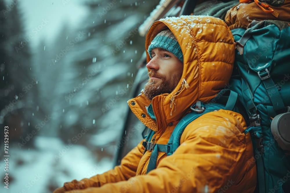 Braving the winter chill, a rugged man with a backpack dons his trusty ...