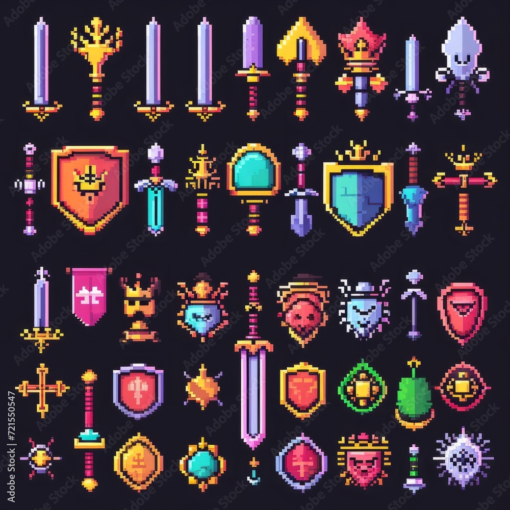 Set of pixel game icons. Game elements for mobile games and ...