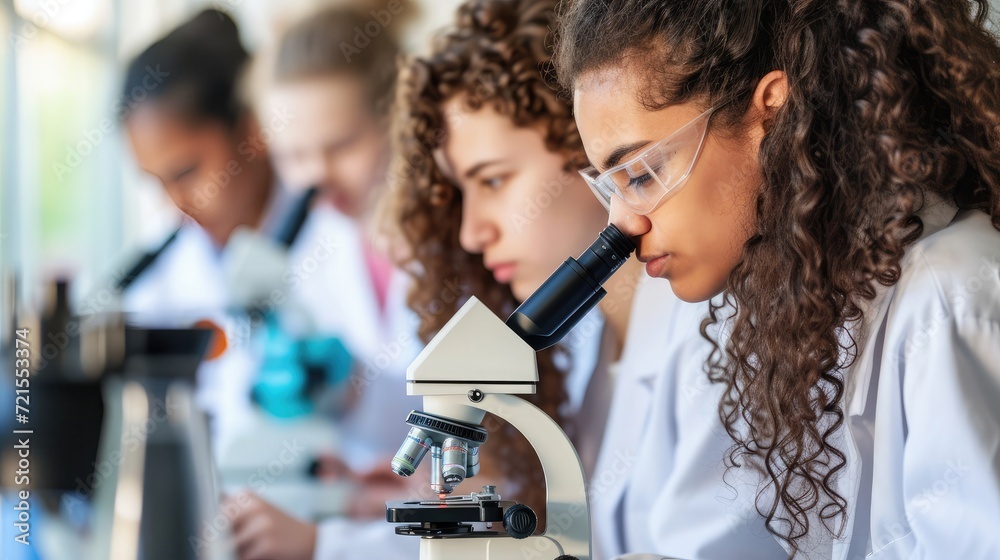 Group of college students performing experiment using microscope in ...