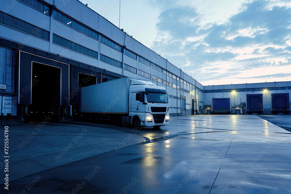 A truck leaving a loading area of a modern factory after raining at ...