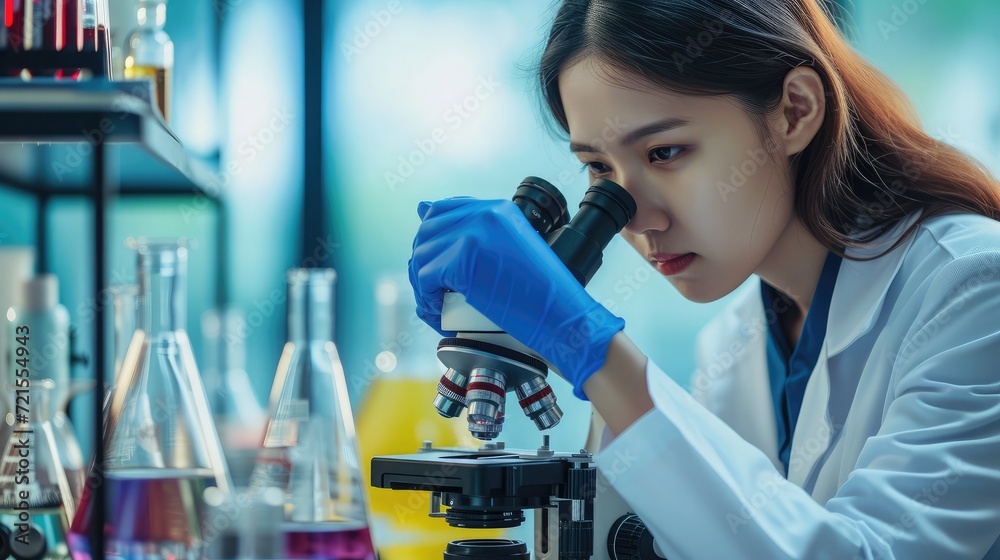 Researcher asian woman wear lab cost work mixing test tube specialist ...