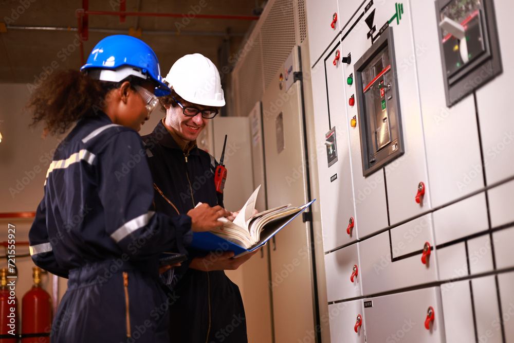 Male and Female electrical engineer working in electrical control room ...