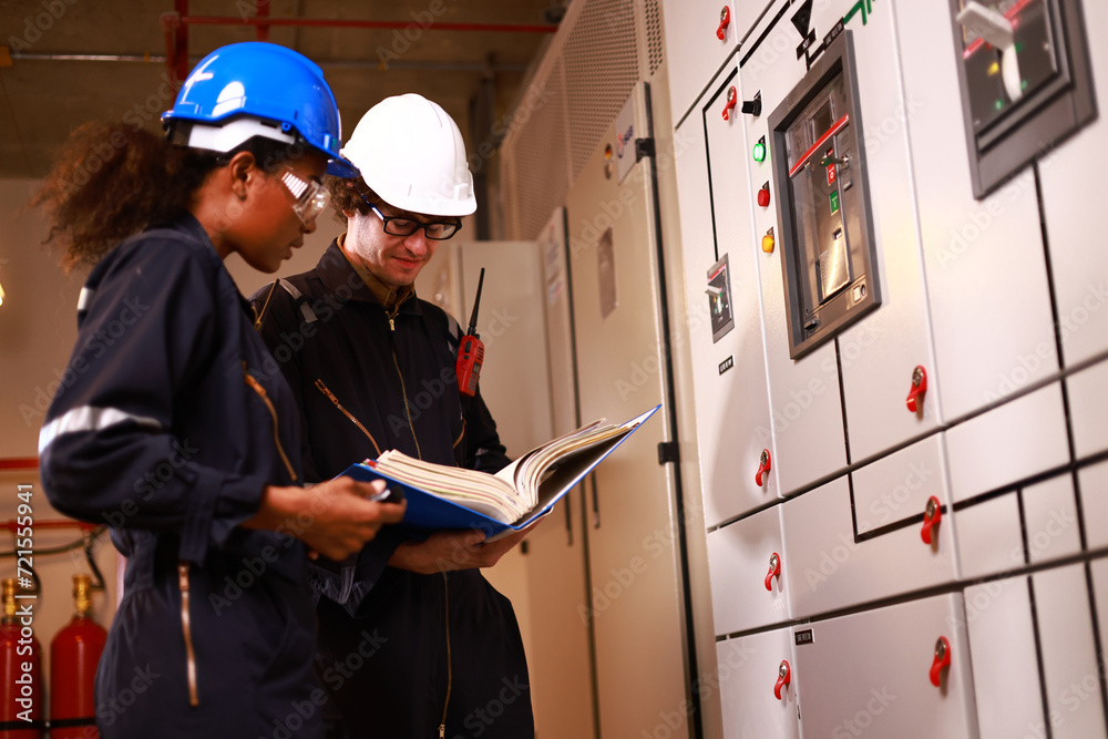 Male and Female electrical engineer working in electrical control room ...