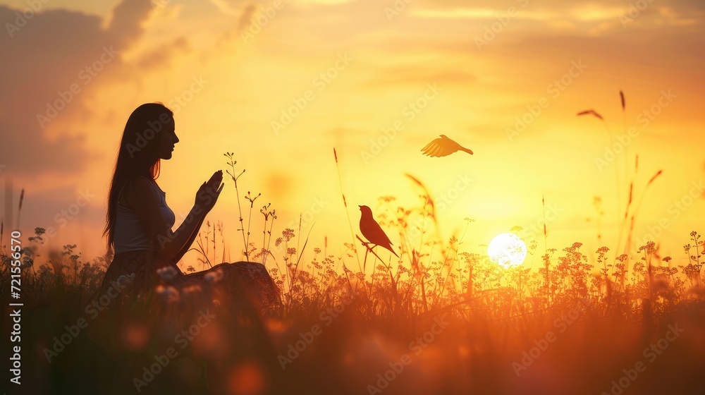 Woman praying and free bird enjoying nature on sunset background, hope ...