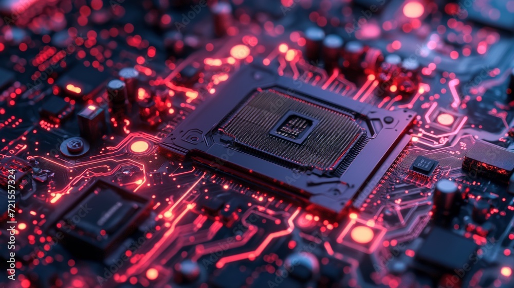 closeup of an advanced GPU ram microchip or cpu of a powerful computer board for artificial ...