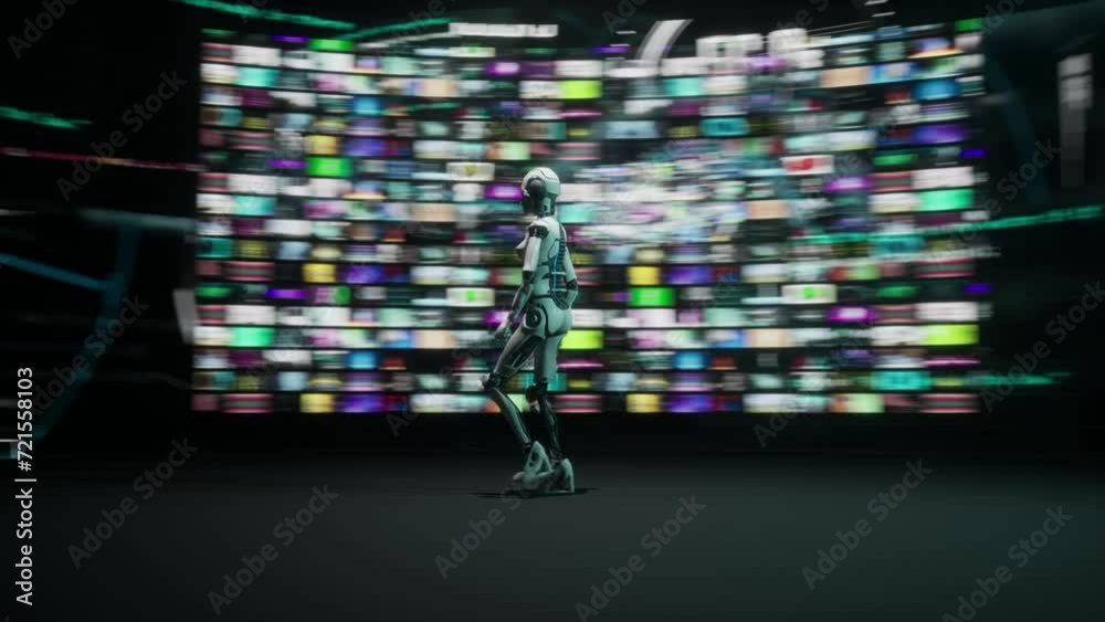 3d render animation of humanoid robot walking on place in middle of ...