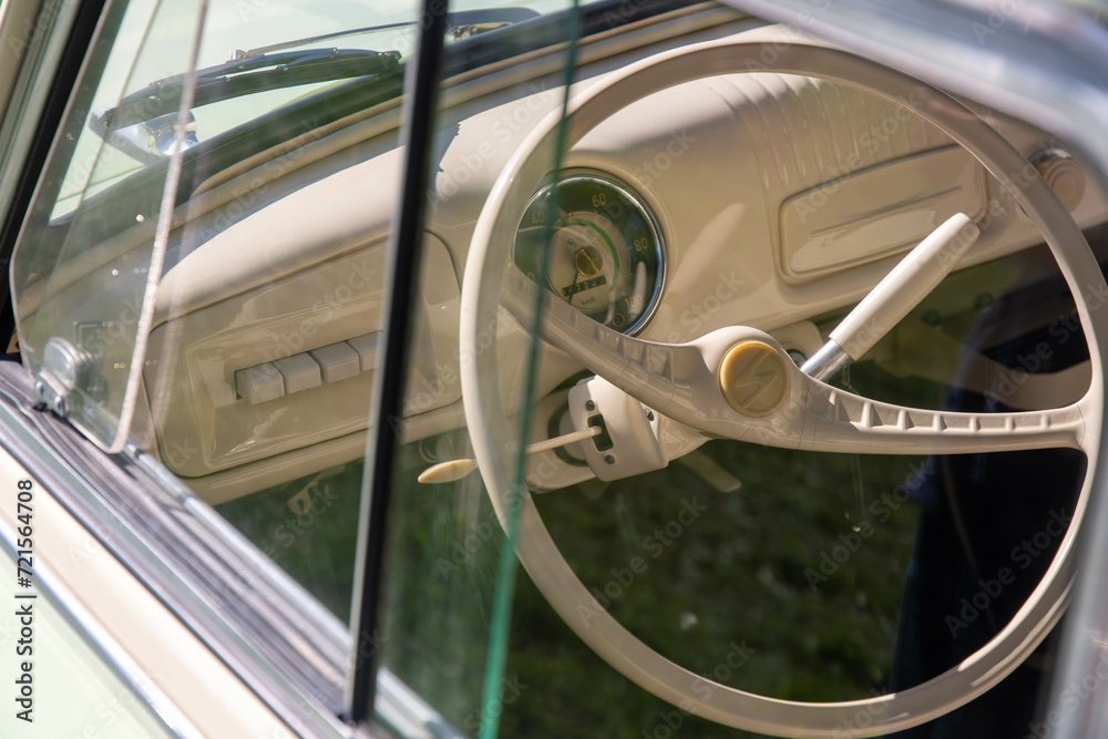 white cockpit of a old german Trabant a east german brand of plastic ...