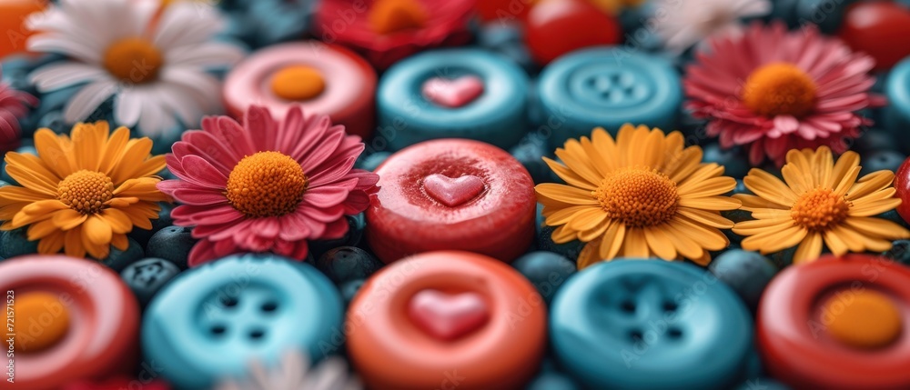 a close up of a bunch of buttons with flowers in the middle of the ...