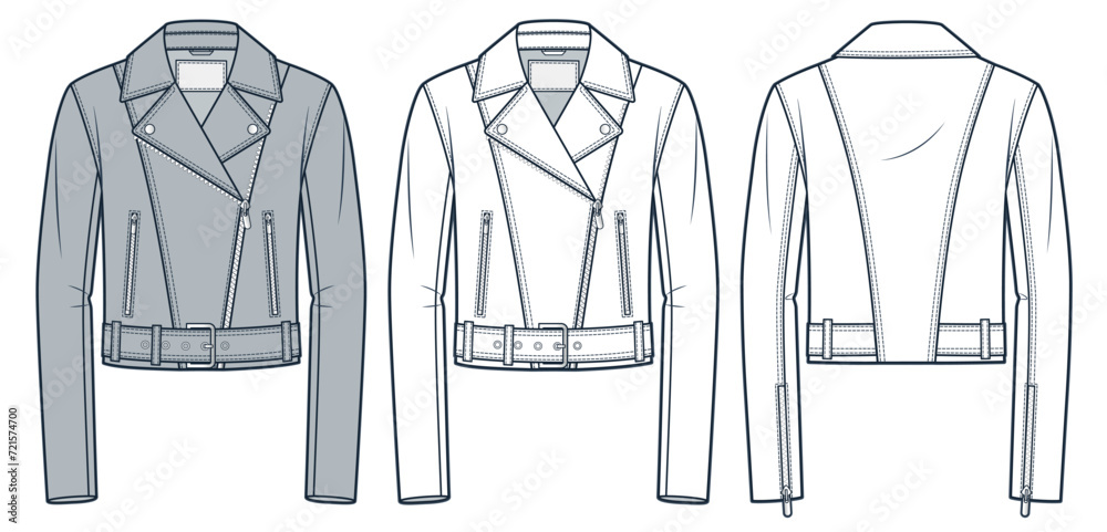 Unisex Biker Jacket fashion flat technical drawing template. Leather ...