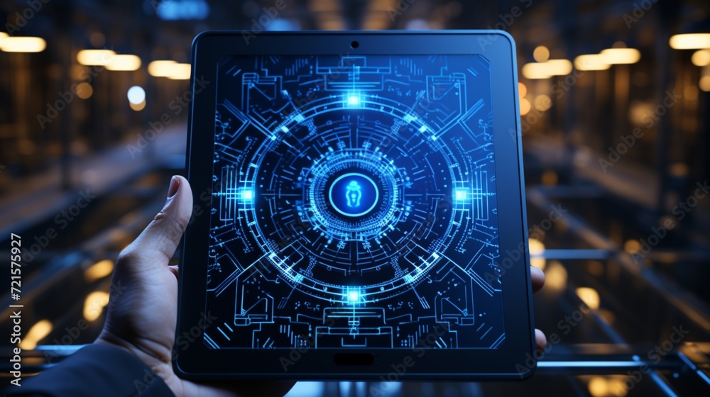 A face recognition interface on a tablet, analyzing facial contours for ...