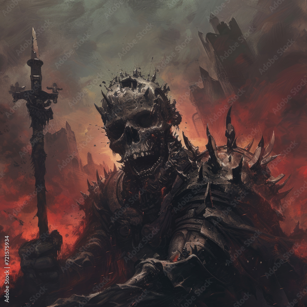 Creepy skeleton in knight's armor against the backdrop of hellfire ...