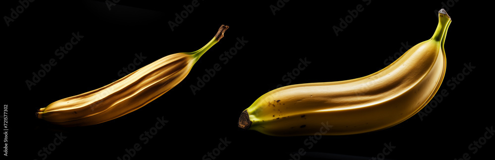 Thin dried and juicy thick bananas on a black background. Before and ...