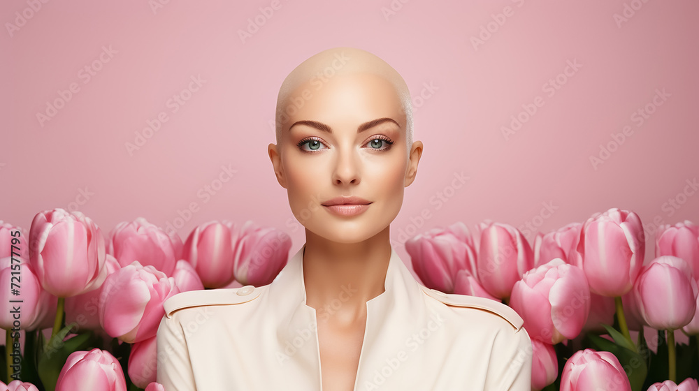 Beautiful young woman with bald head after chemotherapy on isolated pink background with pink ...