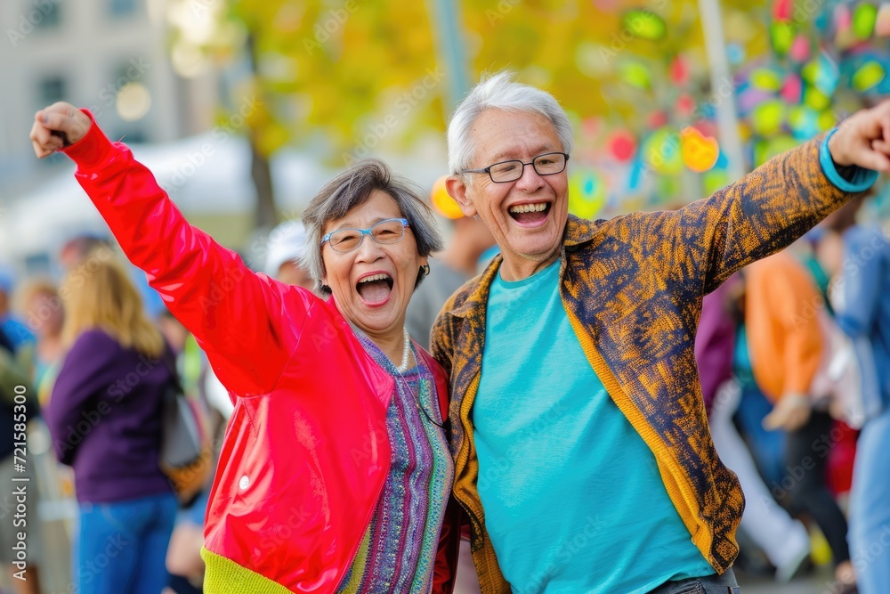 Senior couple dance on city street in festival for fun and happy ...