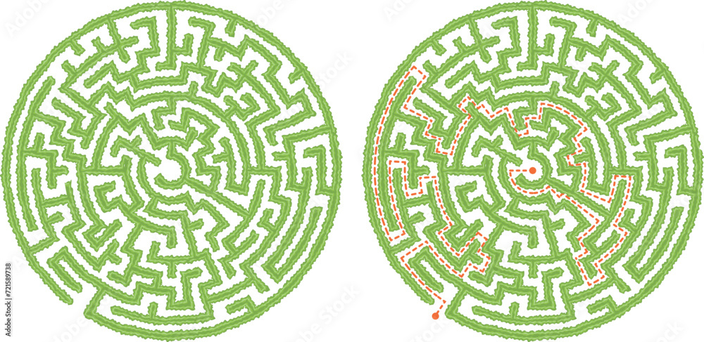 Green round hedge maze vector Illustration. Top view of the open air ...