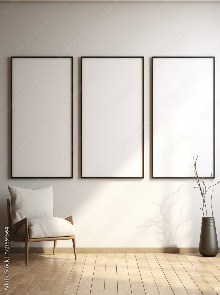 Three empty vertical picture frames in a modern living room with white ...