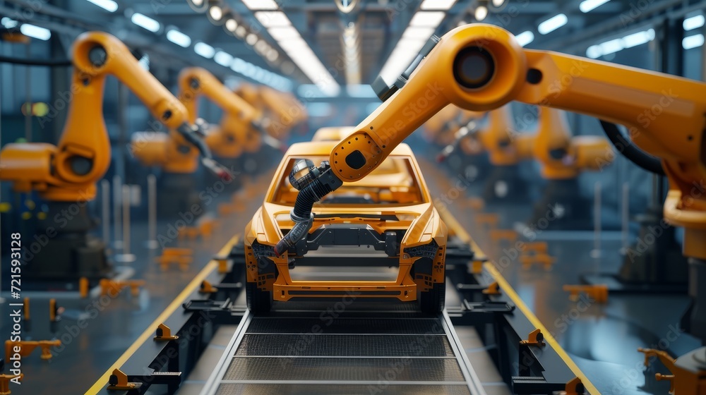 Car Factory Digitalization Industry 4.0 Concept: Automated Robot Arm ...