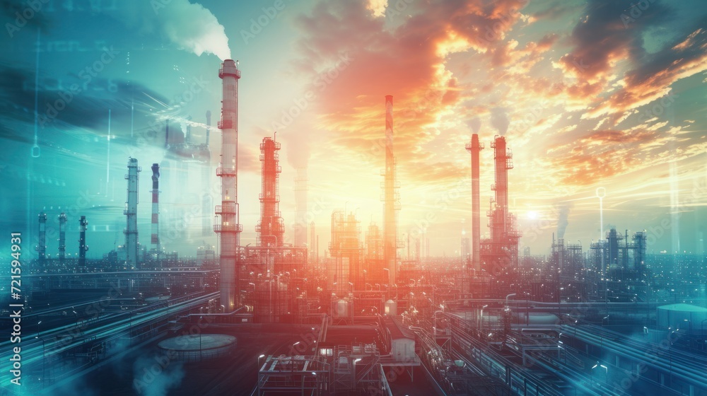 Future factory plant and energy industry concept in creative graphic ...
