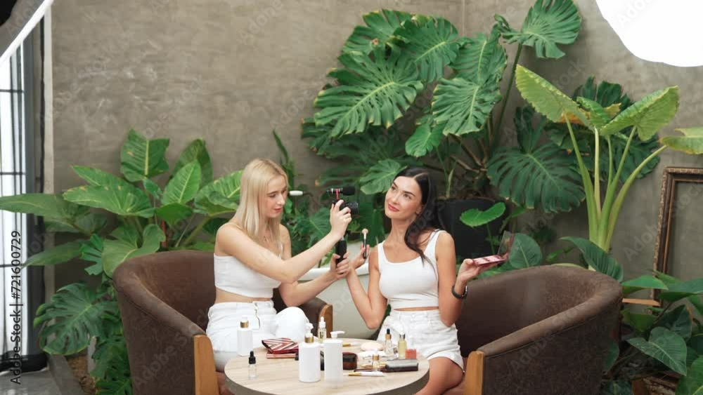 Two beautiful content creator making natural beauty and cosmetic ...