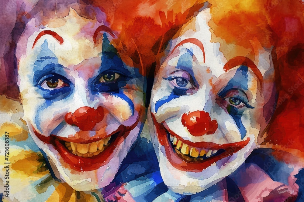 A painting depicting two clowns with their mouths open. This artwork ...