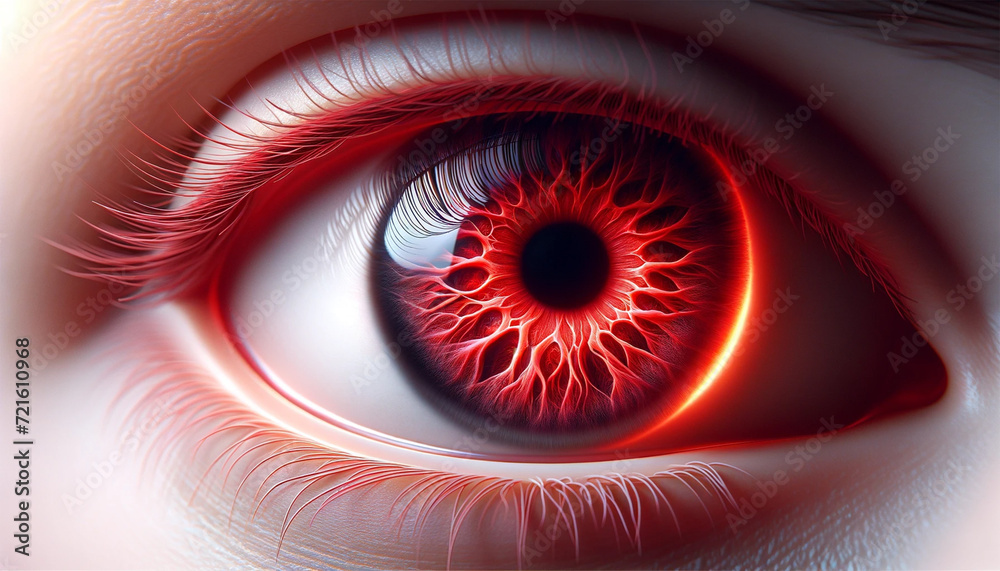 Red eye with a fiery glow. Close-up of a human eye with a unique red ...