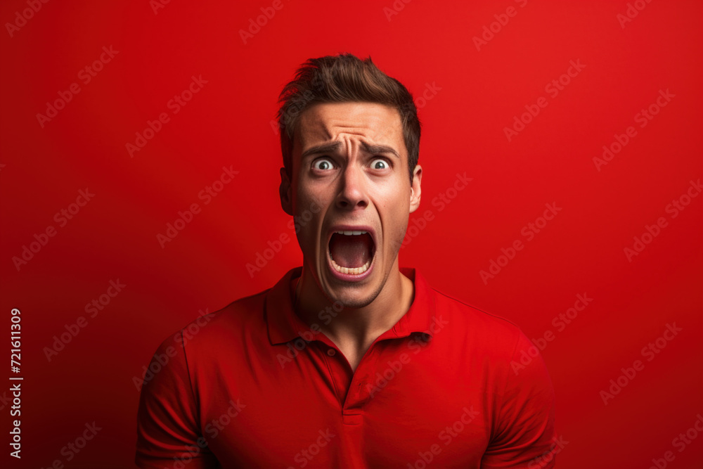 Sad crying desperate adult man wearing shirt screams on red studio ...