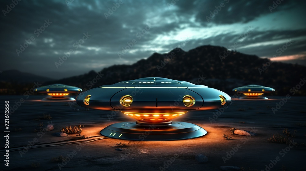 A fleet of UFOs lands at dusk, glowing with eerie lights against a ...