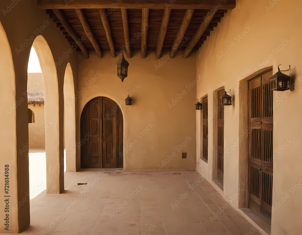 Golden Glow: Sunlit Inner Courtyard of an Ancient Arabian Adobe House ...