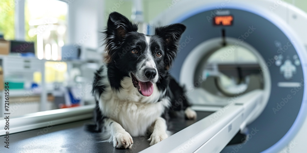 Doctor preparing dog to have lumbar spine MRI. Vets examining x-ray on ...