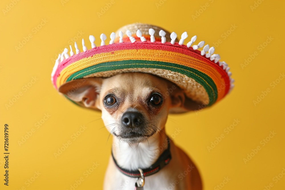 dog wearing sombrero sun hat on yellow background with copy space. Dog ...