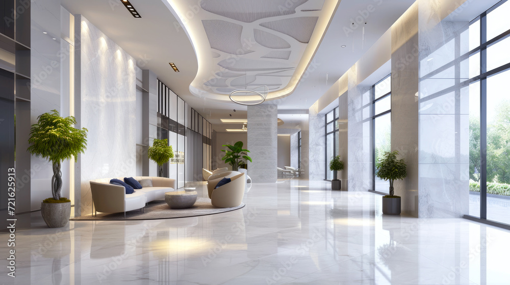 White interior of modern office hallway with clean marble floor and ...