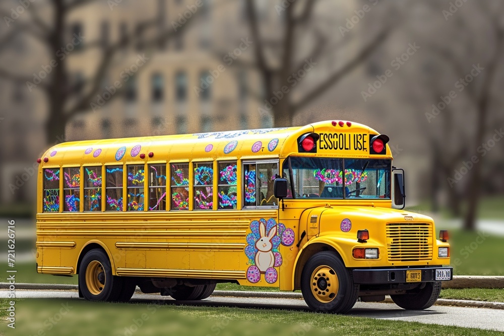 A cheerful yellow school bus, set against a blurred background of an ...