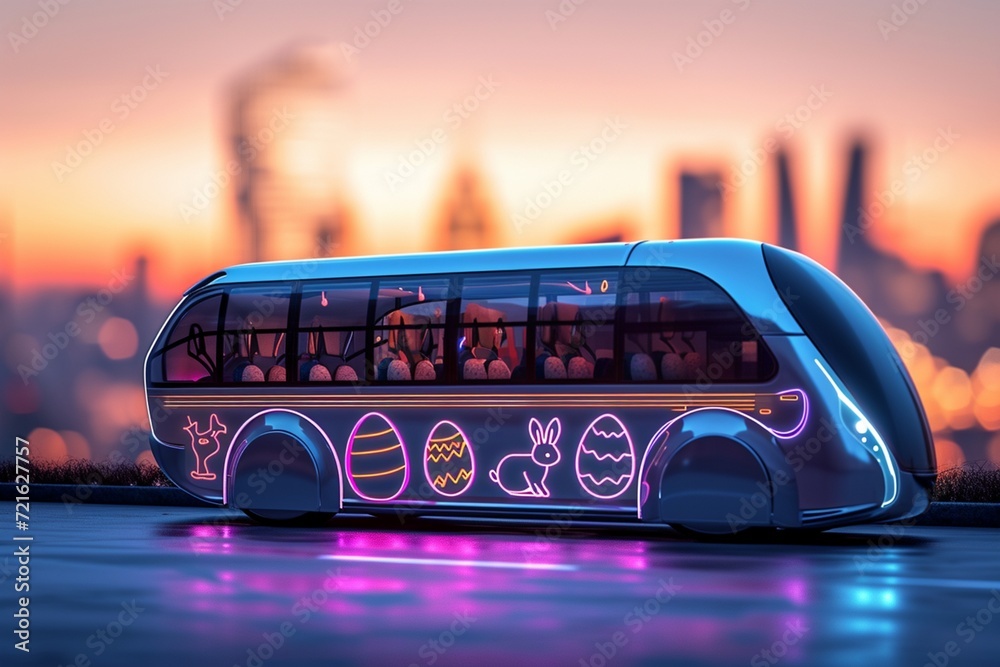 A futuristic, streamlined bus, coated in a shimmering silver, is set ...