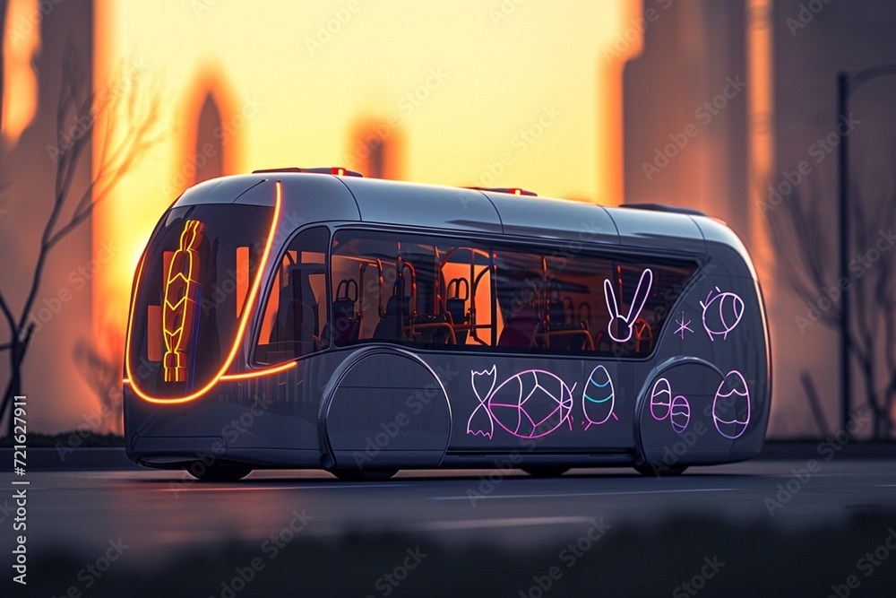 A futuristic, streamlined bus, coated in a shimmering silver, is set ...