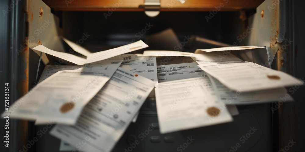 mailbox overflowing with photorealistic medical bills, each bill ...