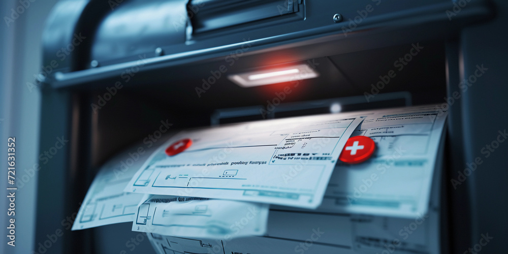 mailbox overflowing with photorealistic medical bills, each bill ...
