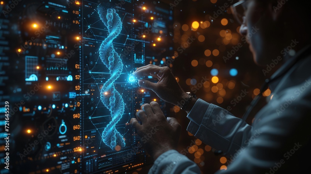 A medical scientist examining a high-tech digital visualization of a ...