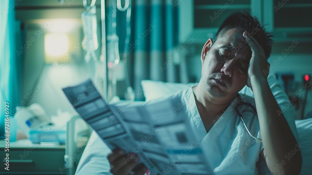 patient looking worriedly at a large medical bill in a hospital room ...