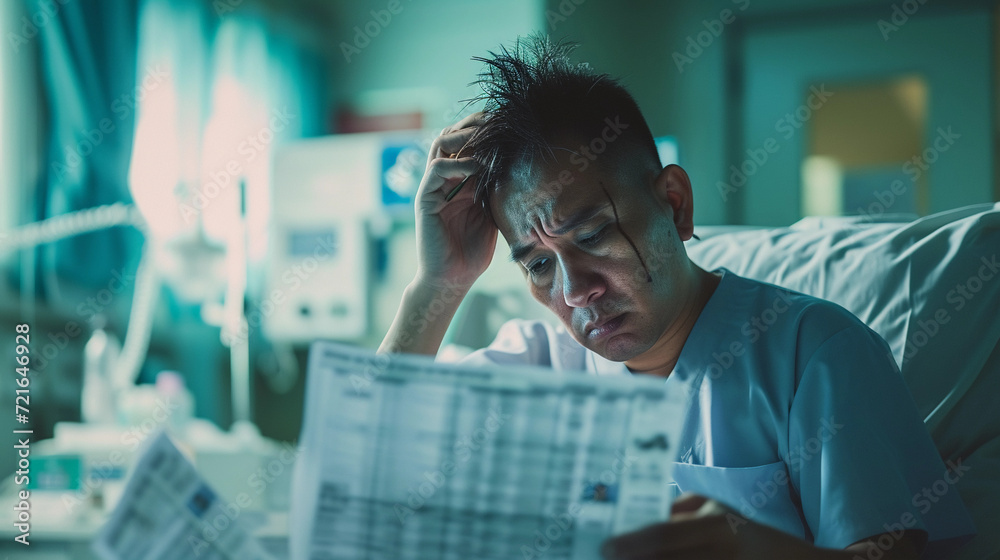patient looking worriedly at a large medical bill in a hospital room ...