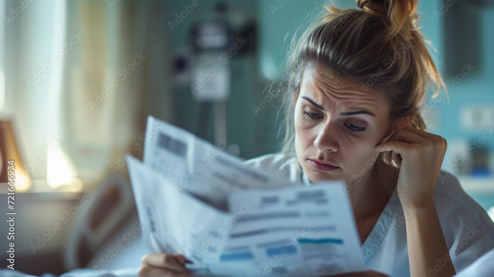 patient looking worriedly at a large medical bill in a hospital room ...
